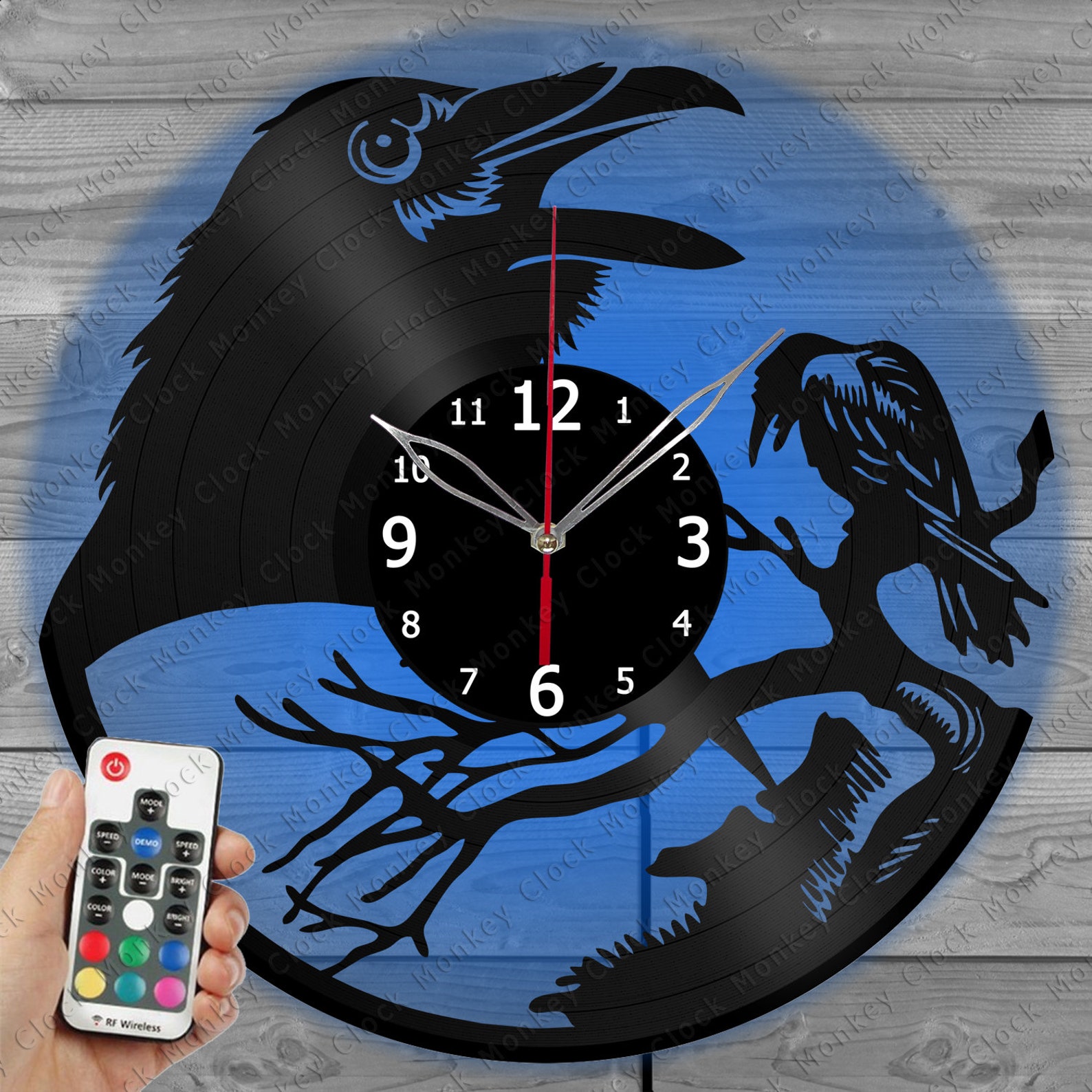 Crow Clock With LED Light Vinyl Clock Bird Decor Wall Clock Custom ...
