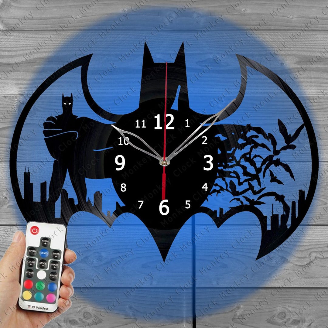 Superheroes Clock With LED Light Wall Art Bat Decor Home Design Vinyl ...
