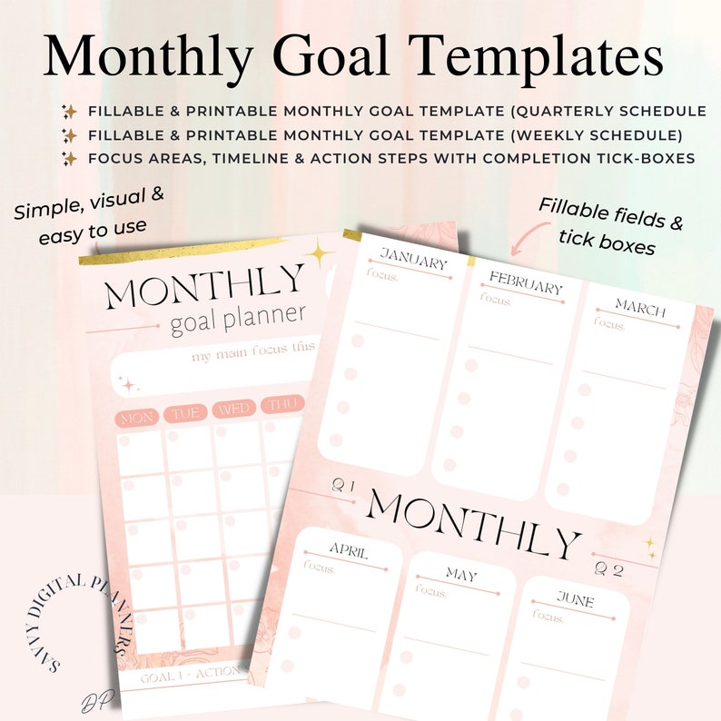 Goal Planner Printable & Fillable PDF - Yearly, Quarterly, Monthly ...