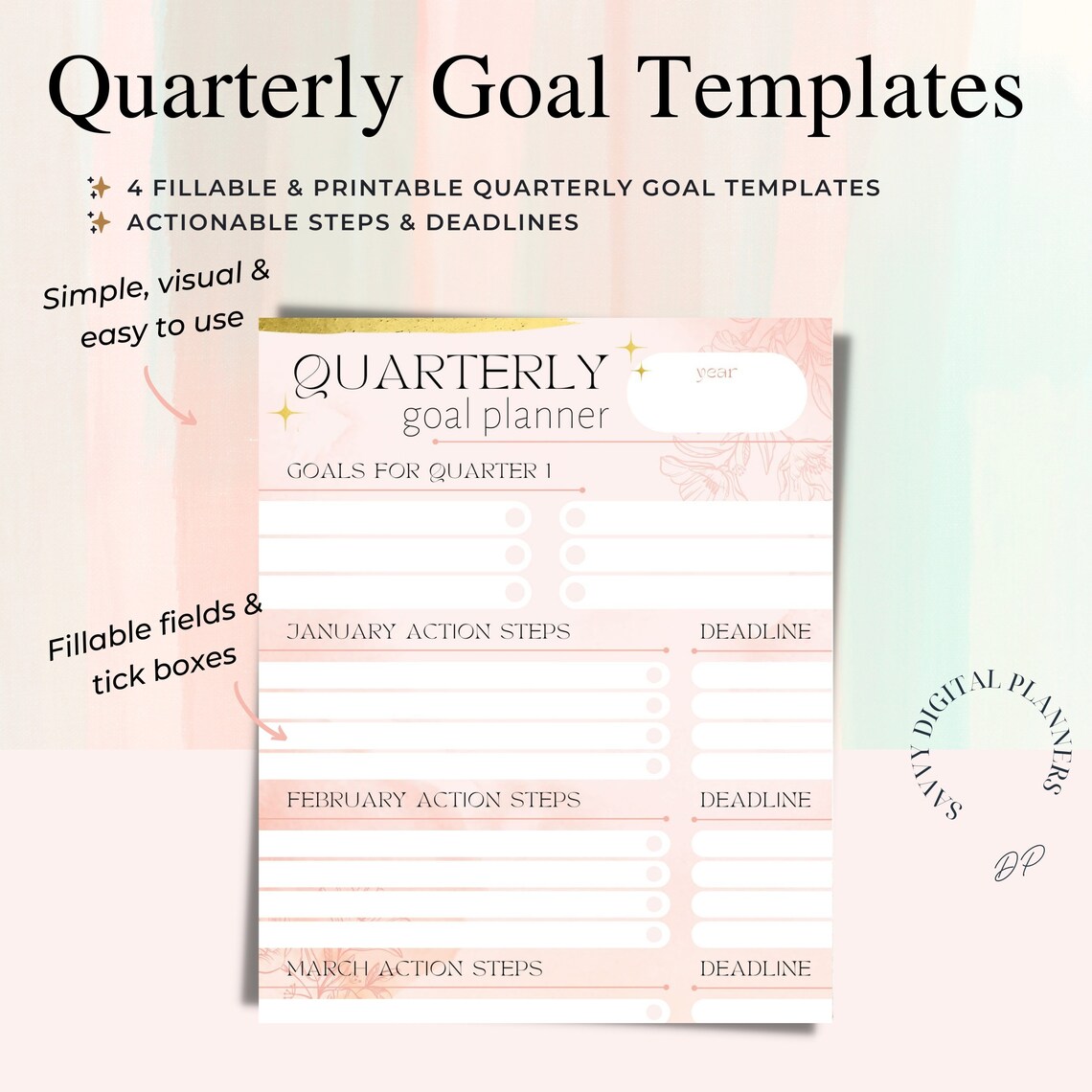 Goal Planner Printable & Fillable PDF - Yearly, Quarterly, Monthly ...
