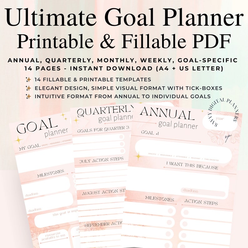 Goal Planner Printable & Fillable PDF Yearly, Quarterly, Monthly, Daily ...