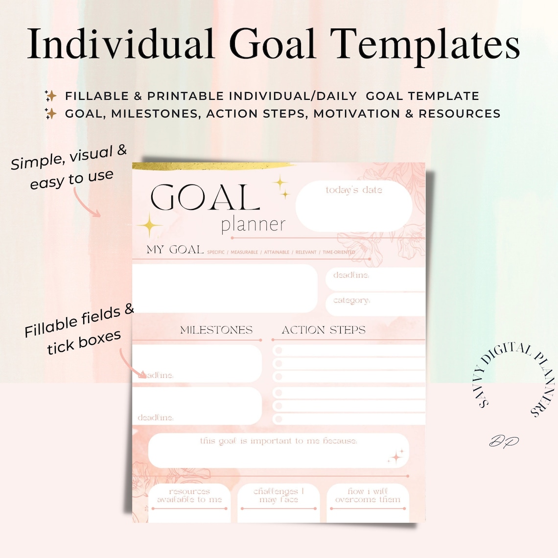 Goal Planner Printable & Fillable PDF - Yearly, Quarterly, Monthly ...