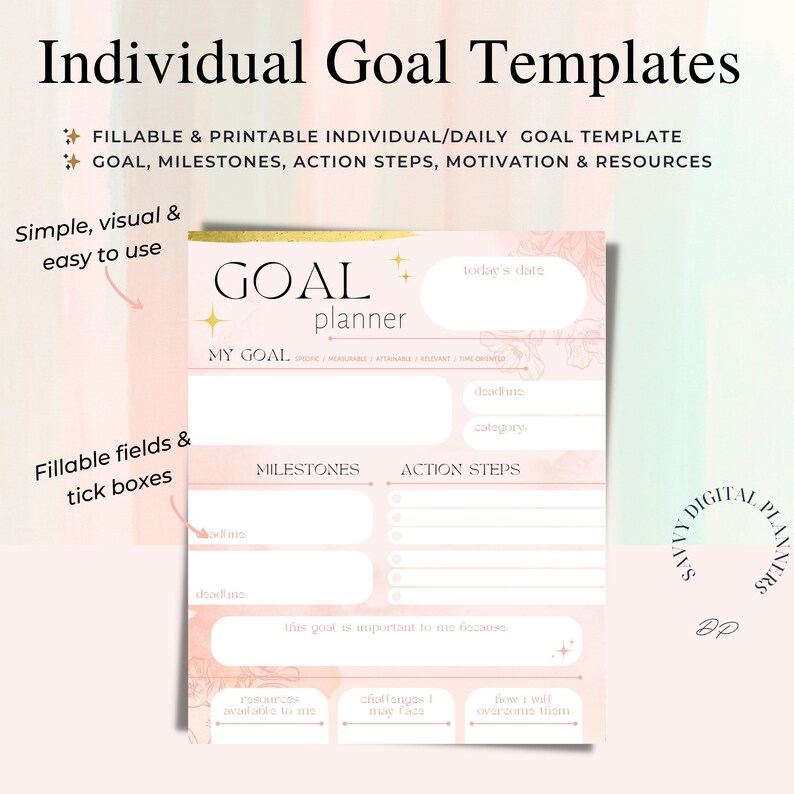 Goal Planner Printable & Fillable PDF Yearly, Quarterly, Monthly, Daily ...
