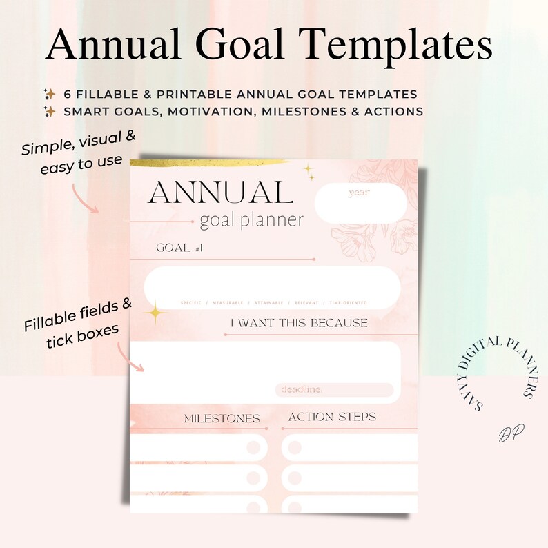 Goal Planner Printable & Fillable PDF - Yearly, Quarterly, Monthly ...