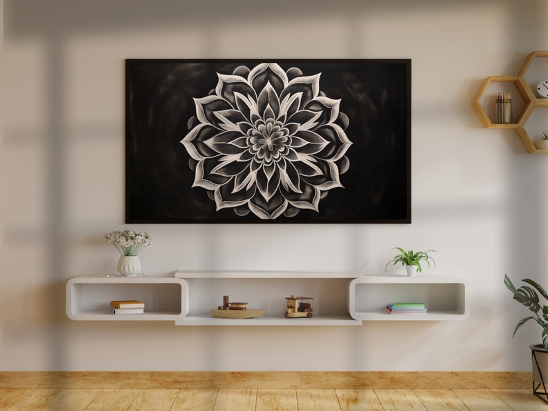 Zen Frame TV Art: Exquisite Mandala on Black Background Calm Minimalist ...
