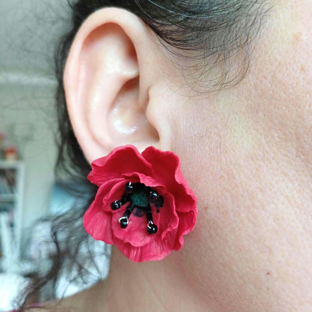 Handmade Cherry Red Poppy Earrings: Polymer Clay Flower Studs - Etsy