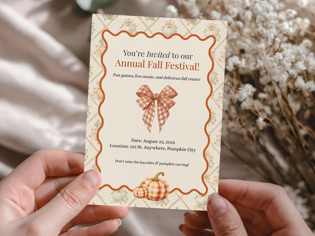 Harvest Birthday Invite Bow Pumpkin Fall Festival Invitation Autumn ...