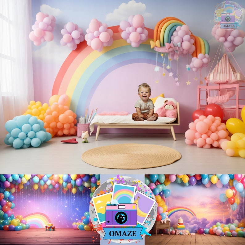 135 Rainbow Dream Photography Backdrop Birthday Backdrops Balloons Cake Smash Backdrop Rainbow ...