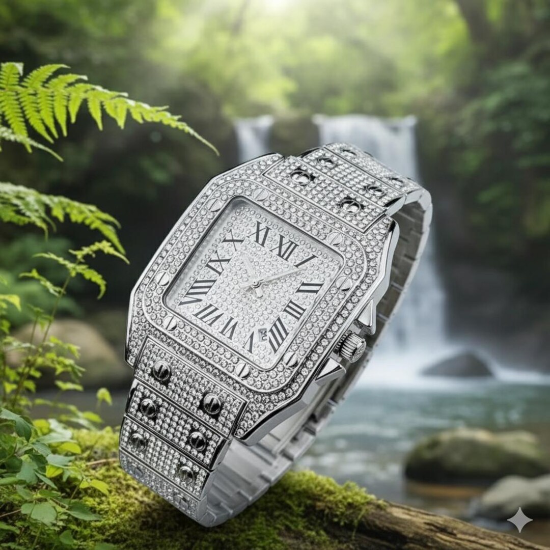 Iced Moissanite Diamond Watch, Automatic Stainless Steel Hip Hop Style ...