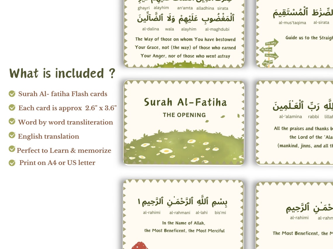 Surah Al-fatiha Flash Cards Islamic Cards Kids Prayer Cards for Muslim ...
