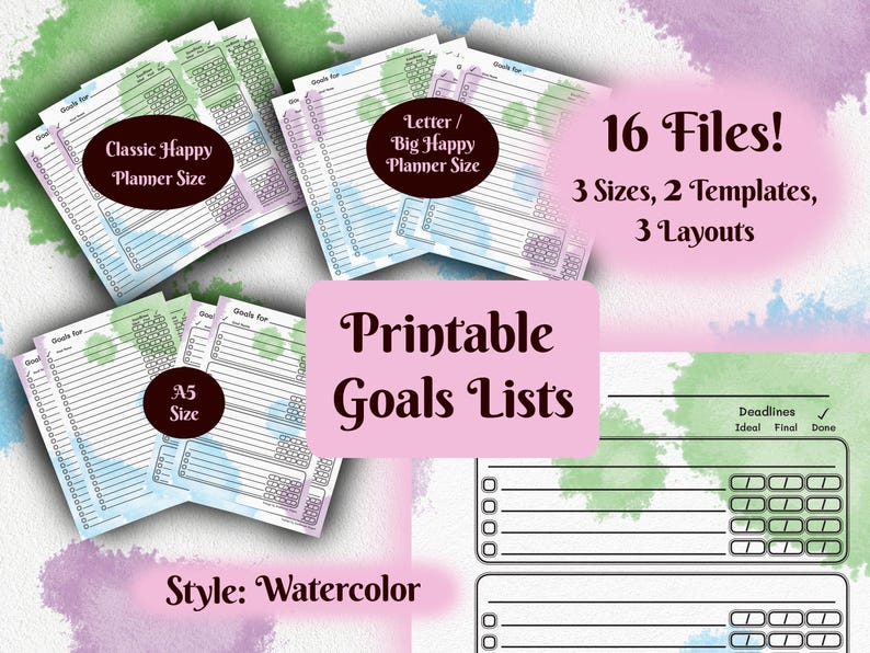 Goals Lists || Printable Planning Pages || Watercolor Splash - Etsy