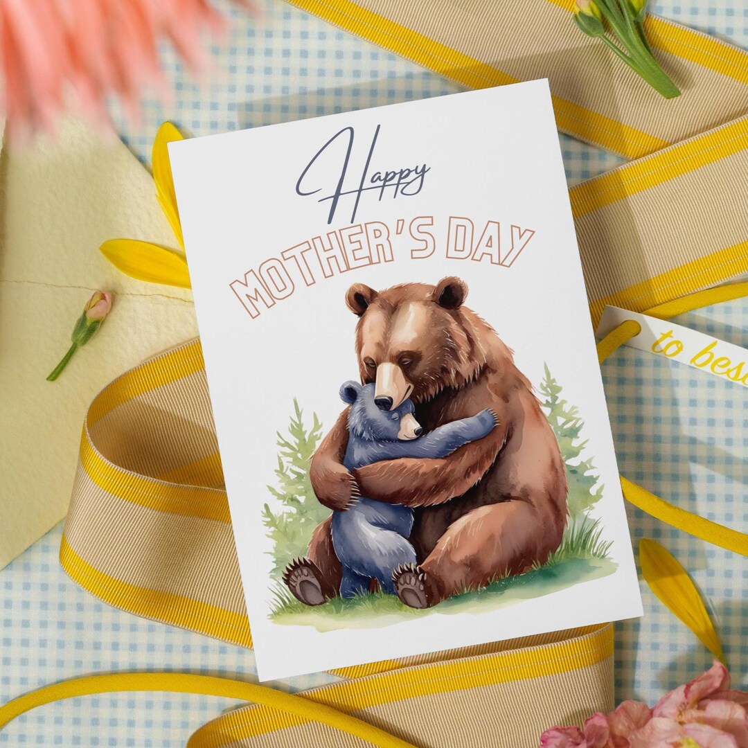 Mother’s Day Printable Cards – 5x7 Bear Hug Design – Cute Mom and Baby ...