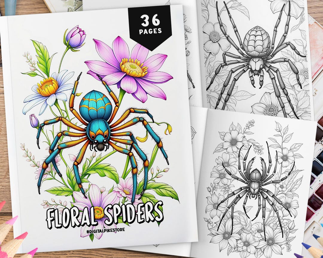36 Floral Spiders Coloring Pages for Adults, Grayscale Coloring Pages ...