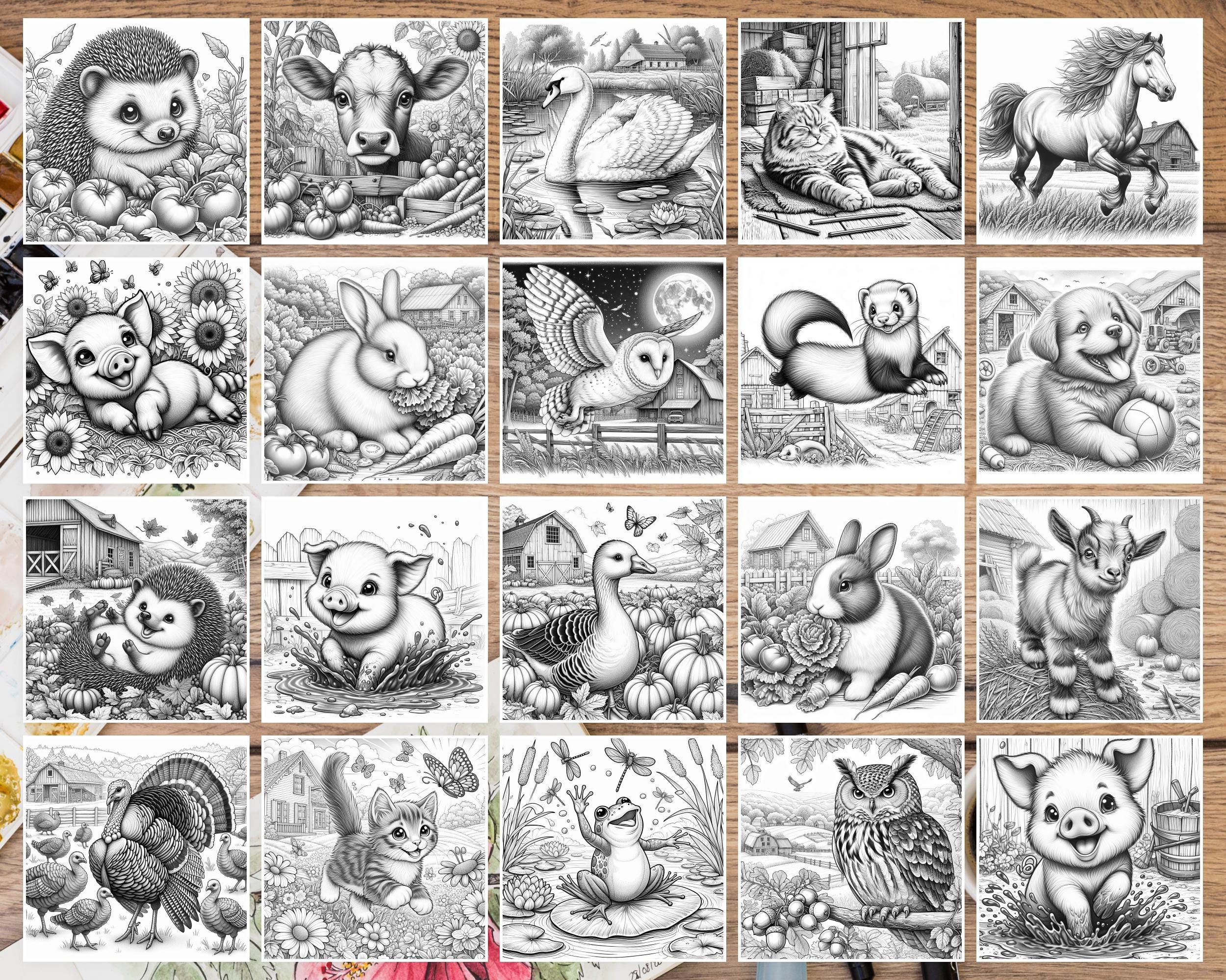 100 Farm Animals Coloring Pages, Grayscale Coloring Book, Coloring ...