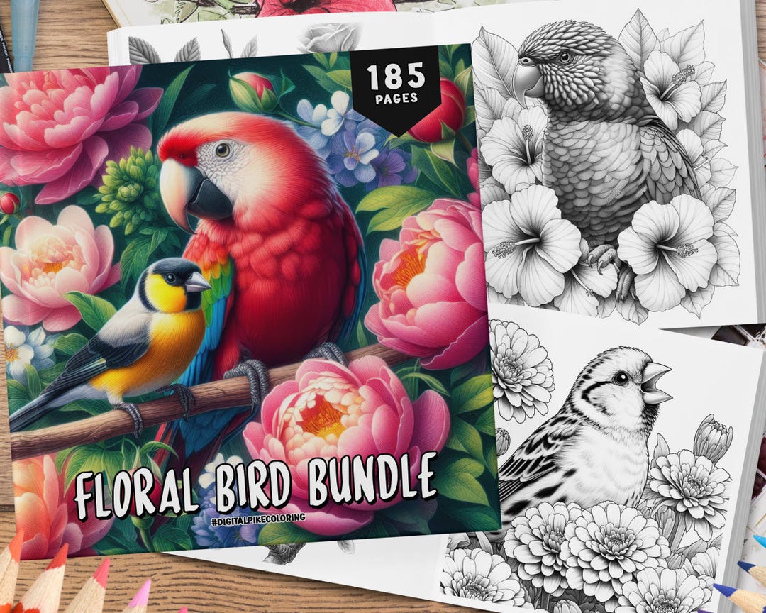 185 Floral Bird Bundle Coloring Pages, Grayscale Coloring Book ...