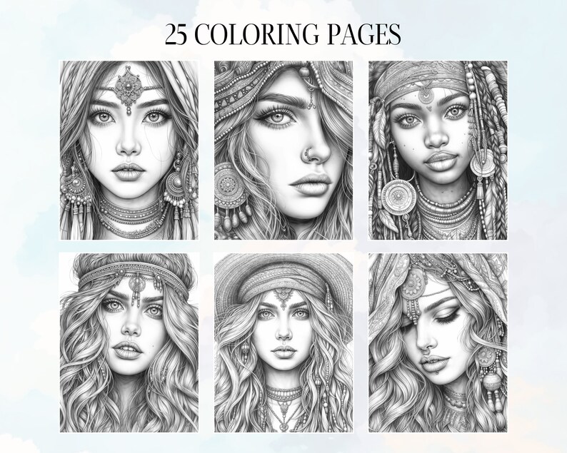 25 Boho Girls Coloring Pages, Grayscale Coloring Book, Beauty Portraits ...