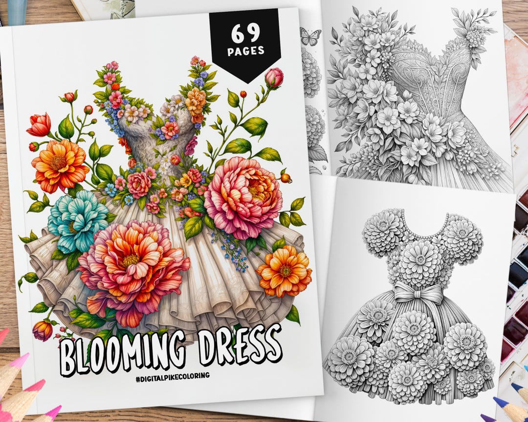 69 Blooming Dress Coloring Book, Flowers Coloring Pages, Women Coloring ...