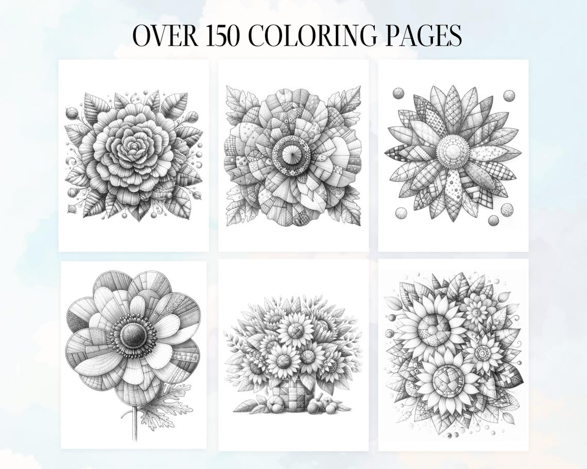 150 Patchwork Flowers Coloring Book, Grayscale Coloring, Coloring ...