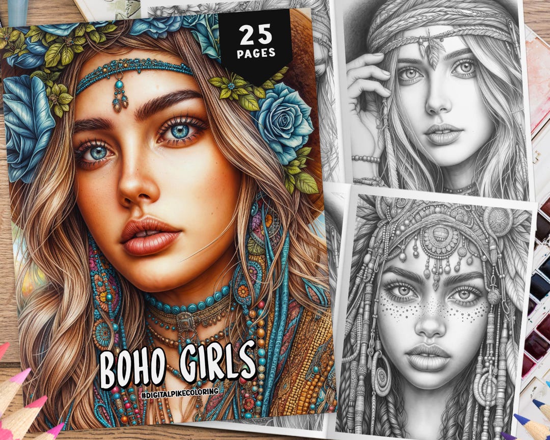 25 Boho Girls Coloring Pages, Grayscale Coloring Book, Beauty Portraits ...