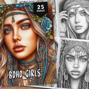 25 Boho Girls Coloring Pages, Grayscale Coloring Book, Beauty Portraits ...