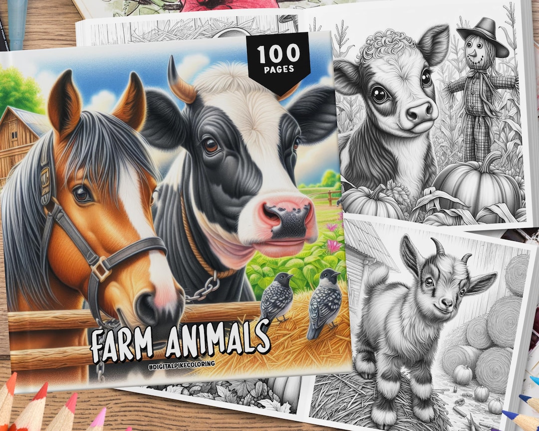 100 Farm Animals Coloring Pages, Grayscale Coloring Book, Coloring ...