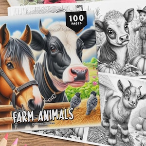 100 Farm Animals Coloring Pages, Grayscale Coloring Book, Coloring ...