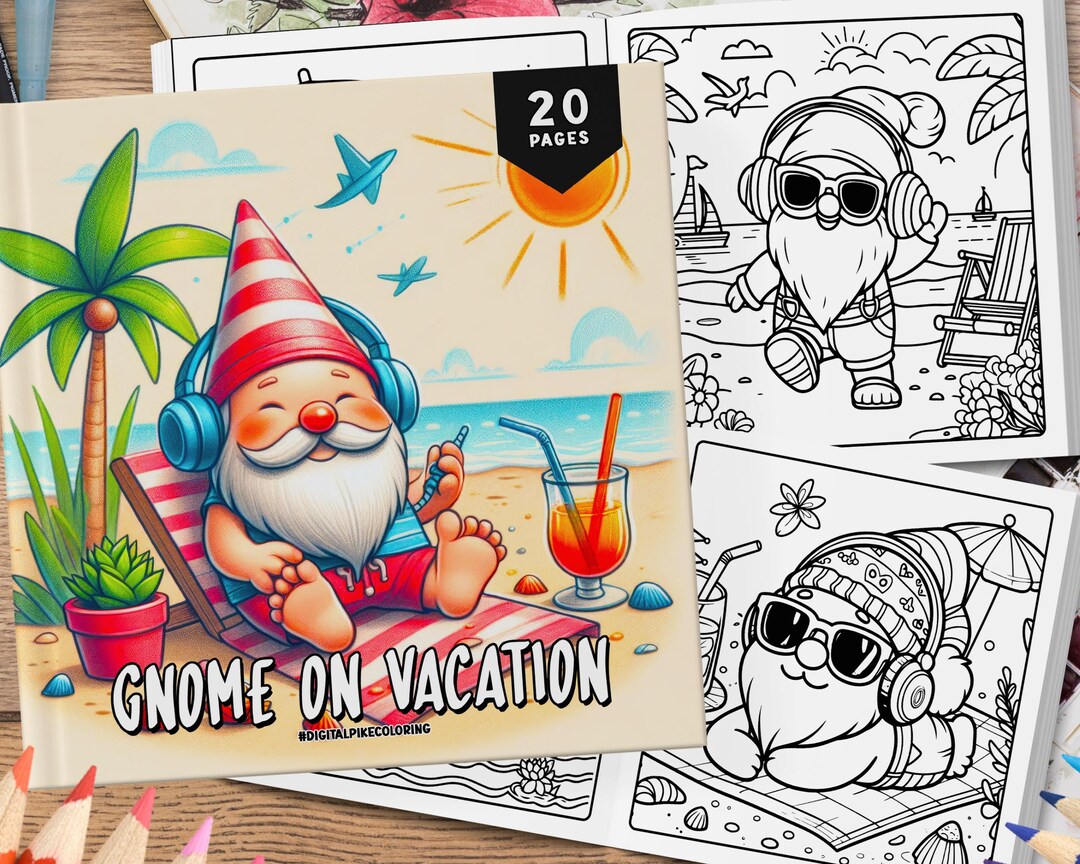 20 Garden Gnome on Vacation, Coloring Sheets, Garden Gnome Coloring ...