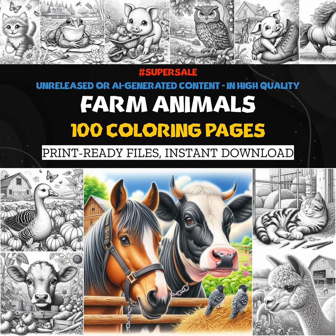 100 Farm Animals Coloring Pages, Grayscale Coloring Book, Coloring ...