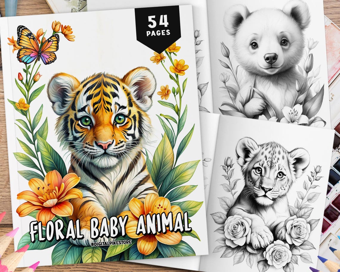 54 Floral Baby Animal Coloring Book, Grayscale Coloring Pages, Coloring ...