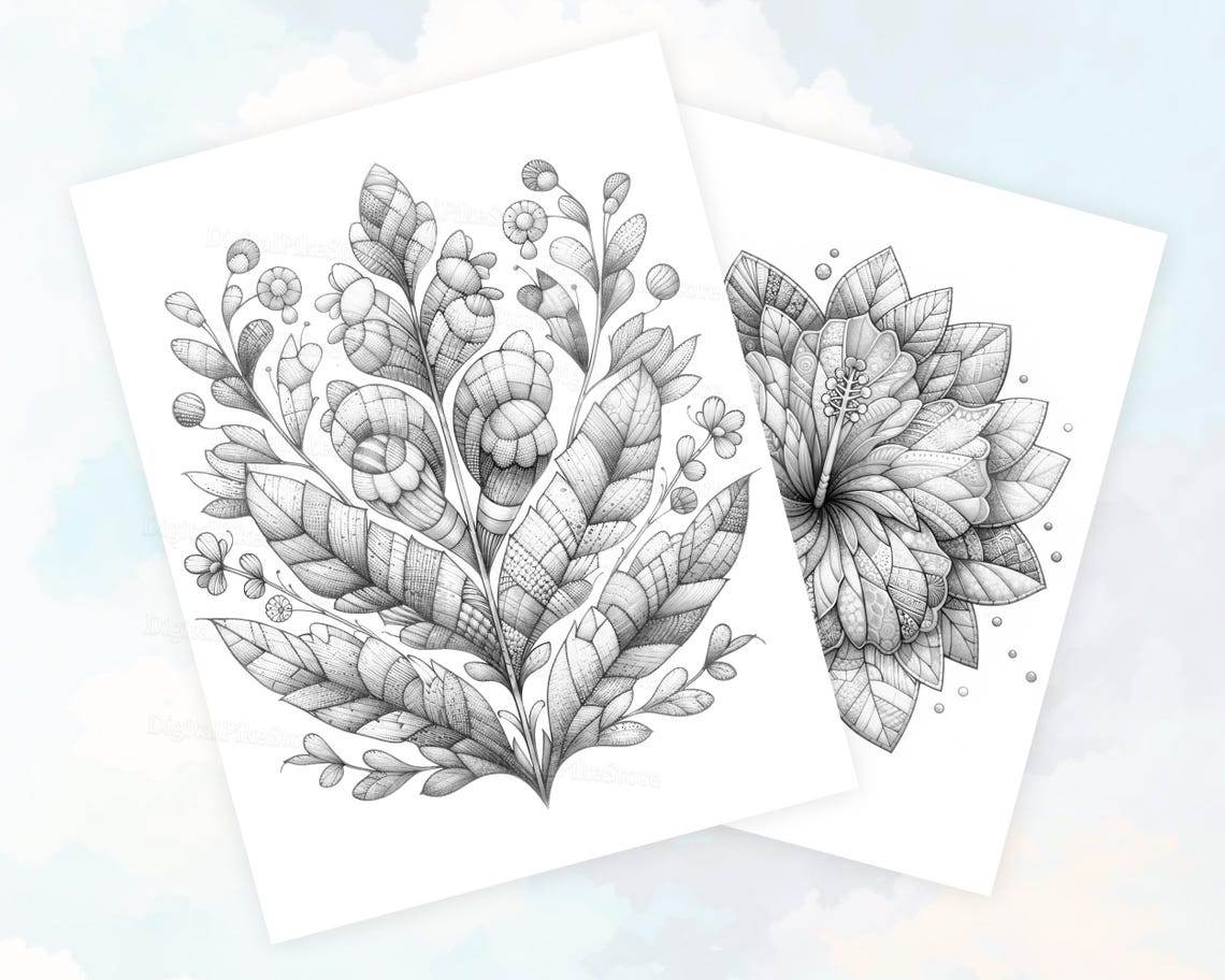 150 Patchwork Flowers Coloring Book, Grayscale Coloring, Coloring ...