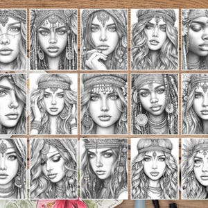 25 Boho Girls Coloring Pages, Grayscale Coloring Book, Beauty Portraits ...