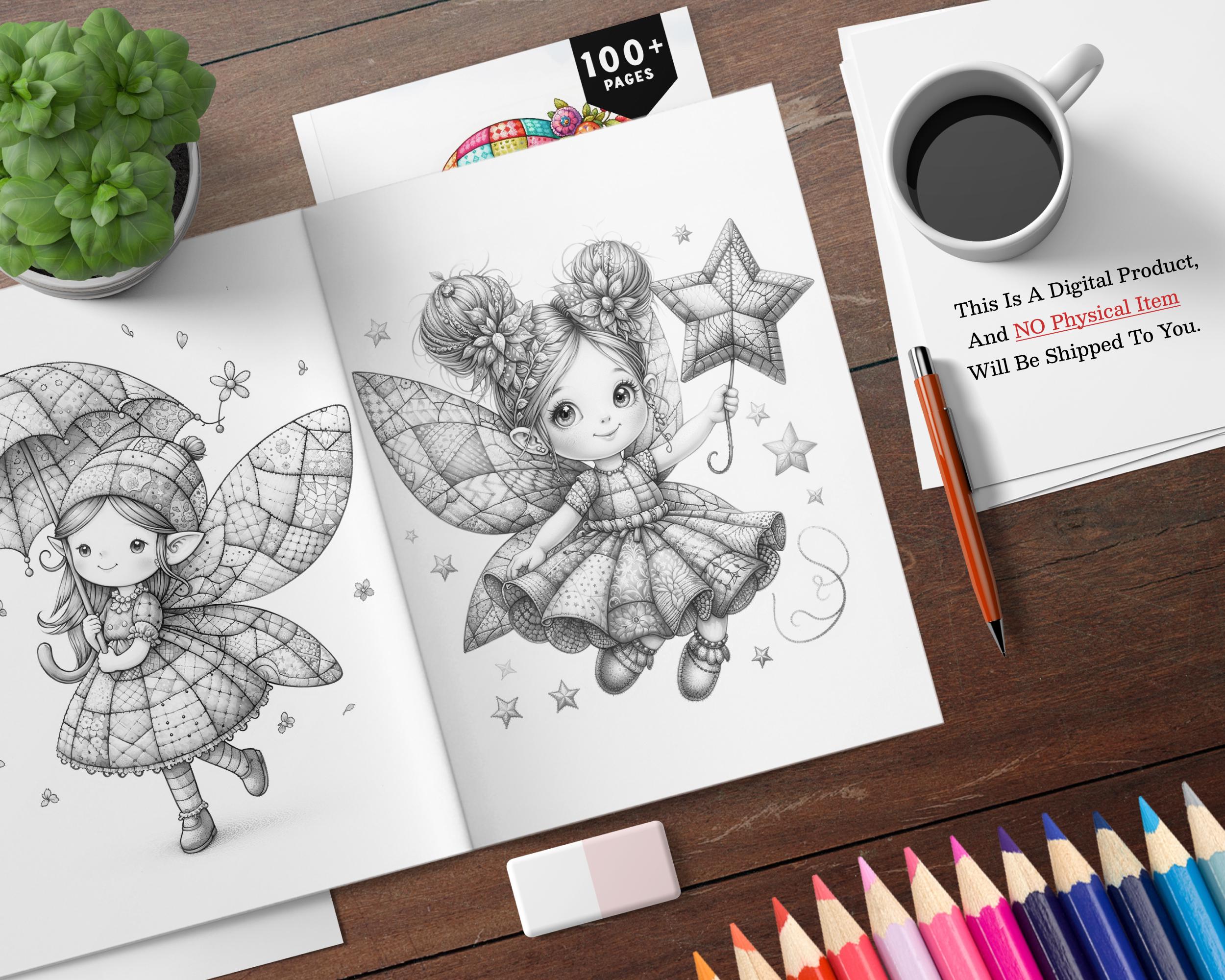 100 Patchwork Fairy Coloring Book, Grayscale Coloring, Coloring Sheets ...