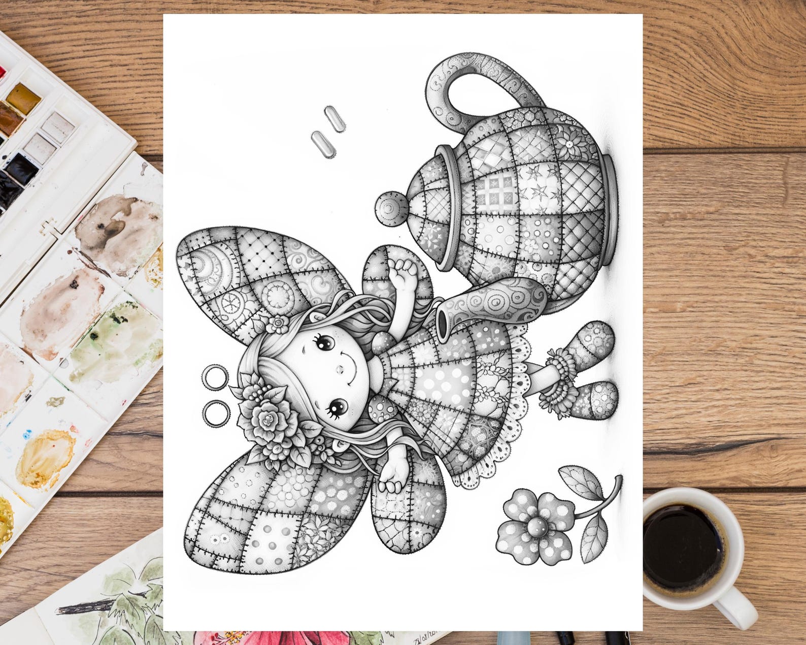 100 Patchwork Fairy Coloring Book, Grayscale Coloring, Coloring Sheets ...
