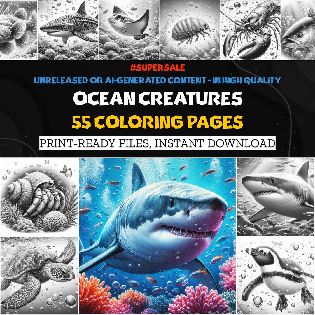 55 Ocean Creature Coloring Pages, Grayscale Coloring Book, Coloring ...