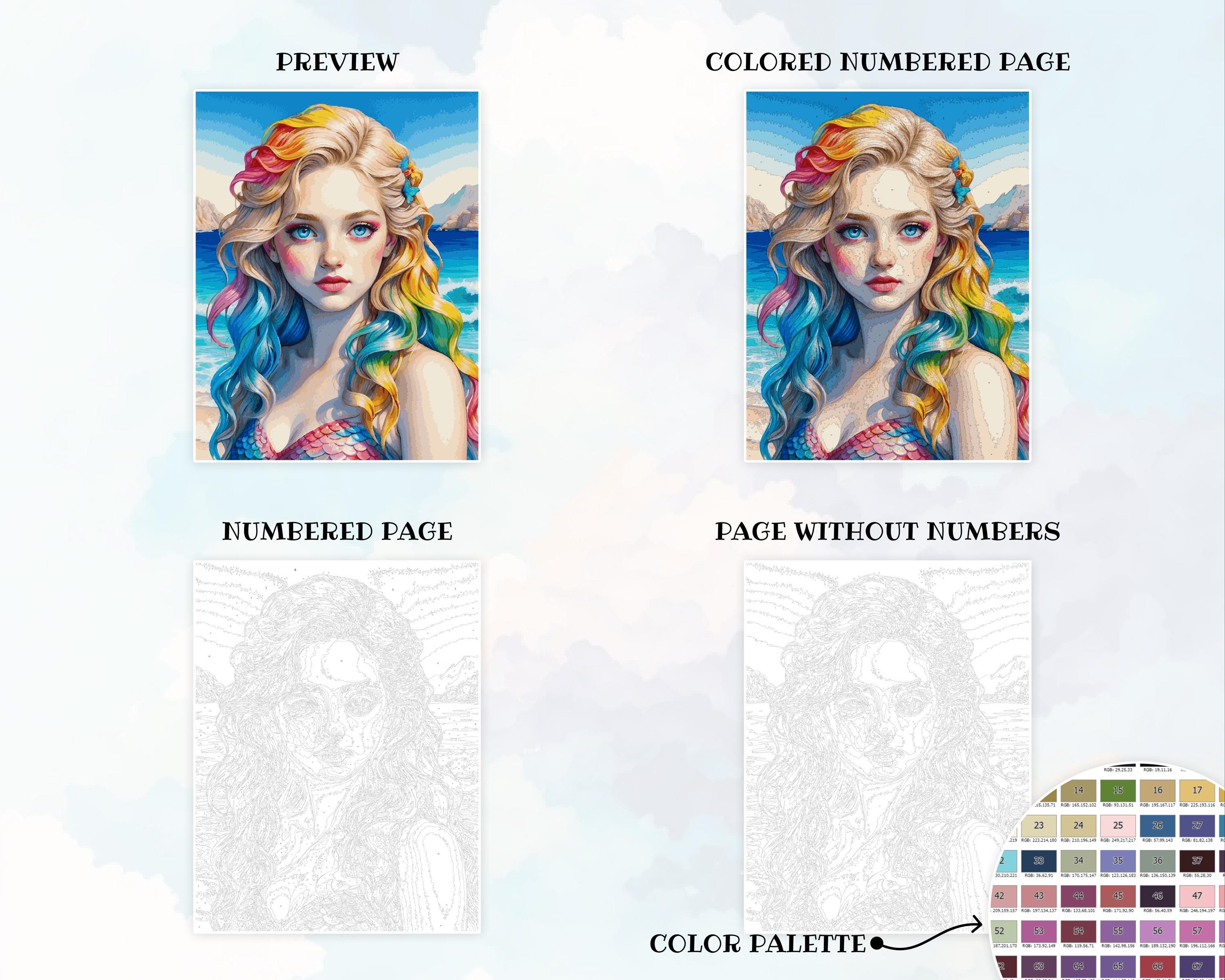 Mermaids Color by Number, Digital Coloring Page, Paint by Number ...