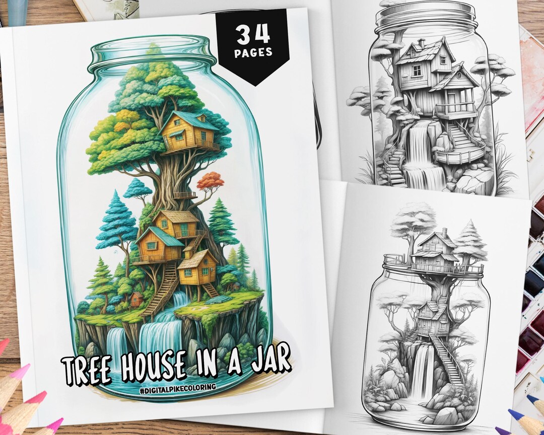 34 Tree House in a Jar Coloring Book, Coloring Sheets, Fantasy Coloring ...