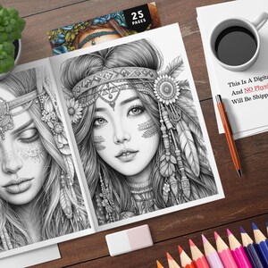 25 Boho Girls Coloring Pages, Grayscale Coloring Book, Beauty Portraits ...