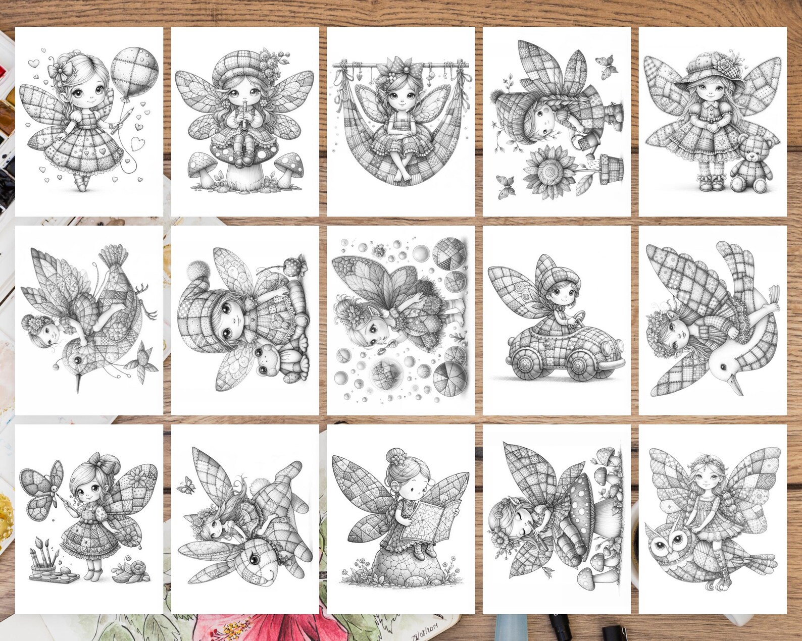 100 Patchwork Fairy Coloring Book, Grayscale Coloring, Coloring Sheets ...