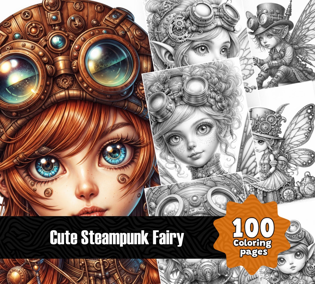 100 Cute Steampunk Fairy Coloring Pages, Grayscale Coloring Book ...