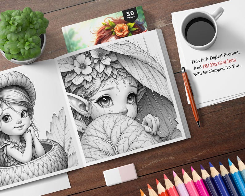 50 Elf Forest Adventures Coloring Book, Grayscale Coloring Pages ...
