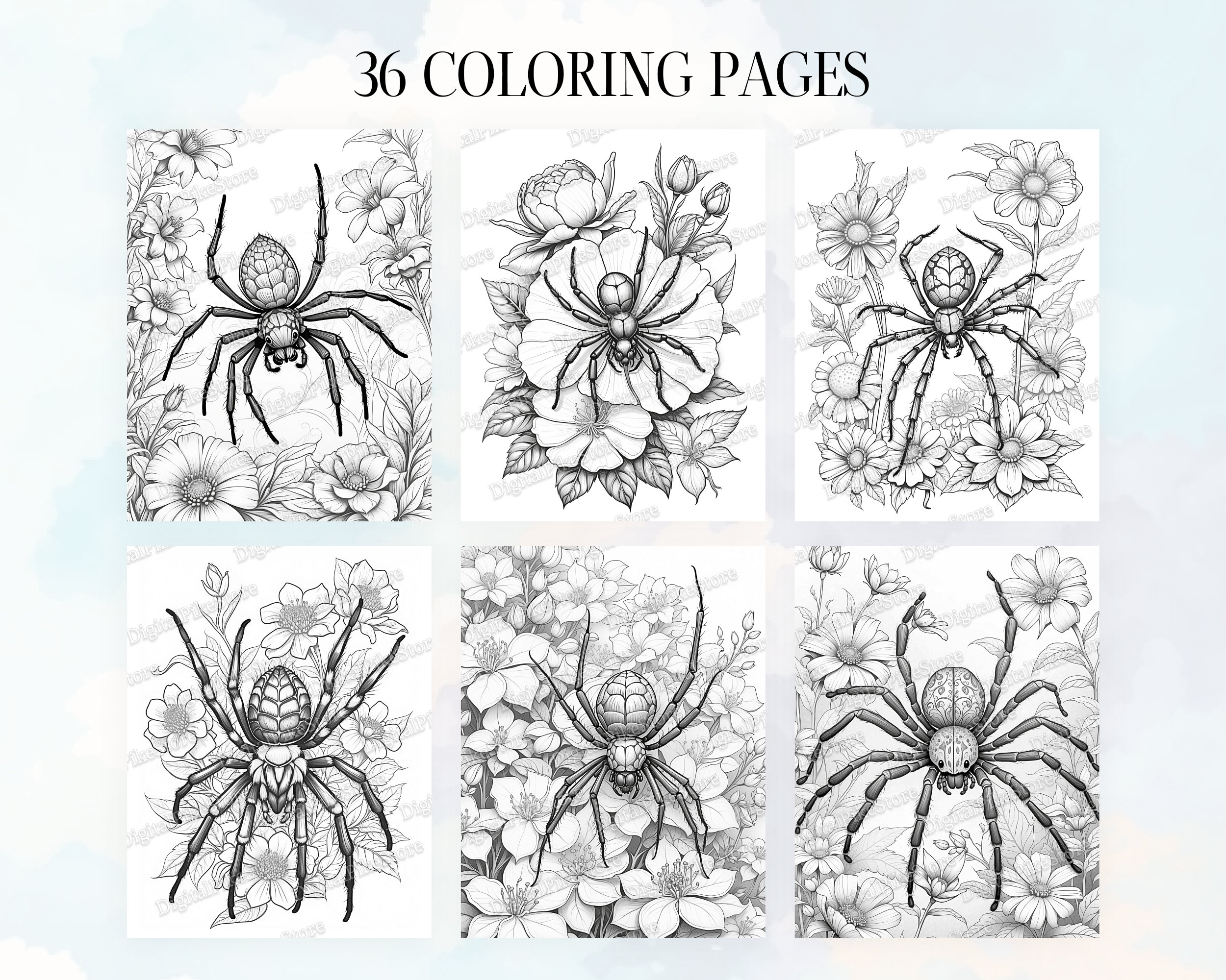 36 Floral Spiders Coloring Pages for Adults, Grayscale Coloring Pages ...