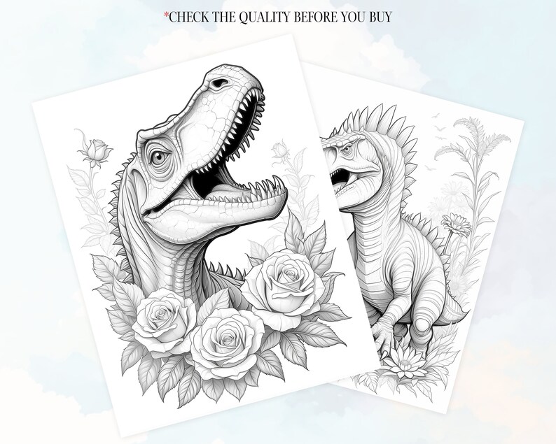 29 Floral Dinosaur Coloring Pages for Adults, Grayscale Coloring Pages ...