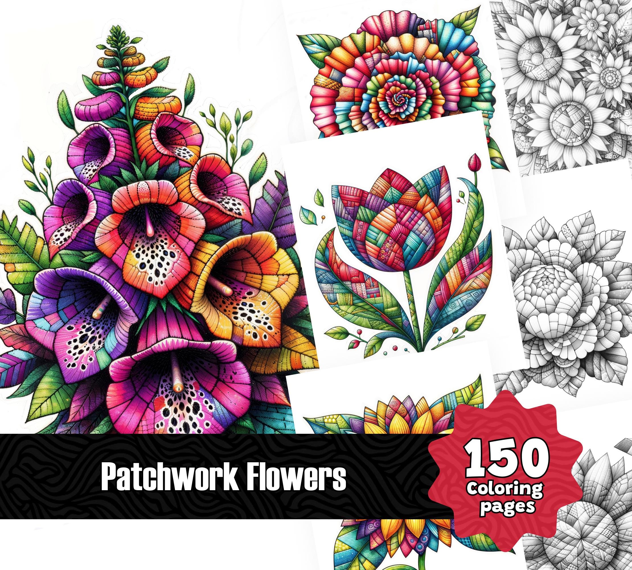 150 Patchwork Flowers Coloring Book, Grayscale Coloring, Coloring ...