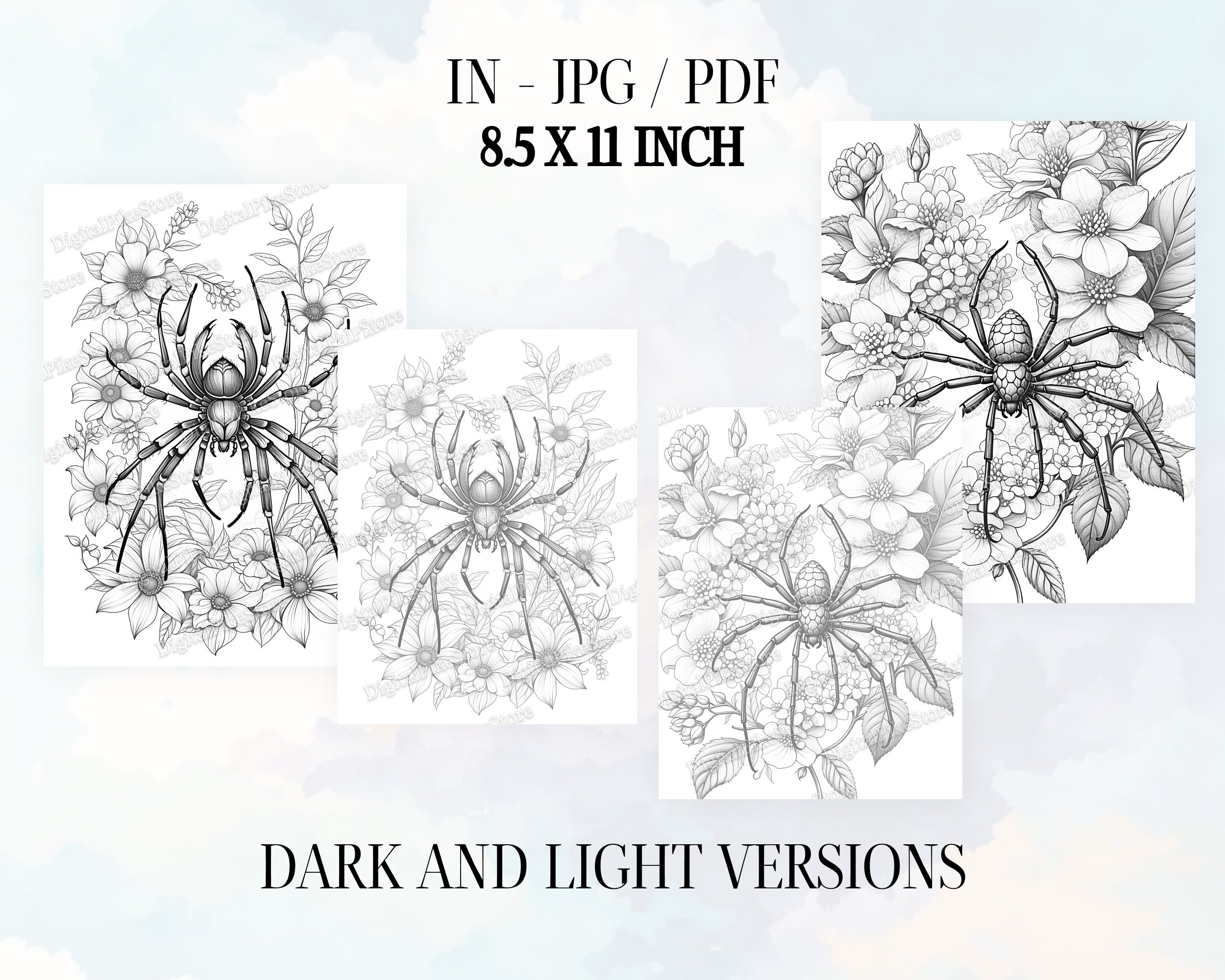 36 Floral Spiders Coloring Pages for Adults, Grayscale Coloring Pages ...