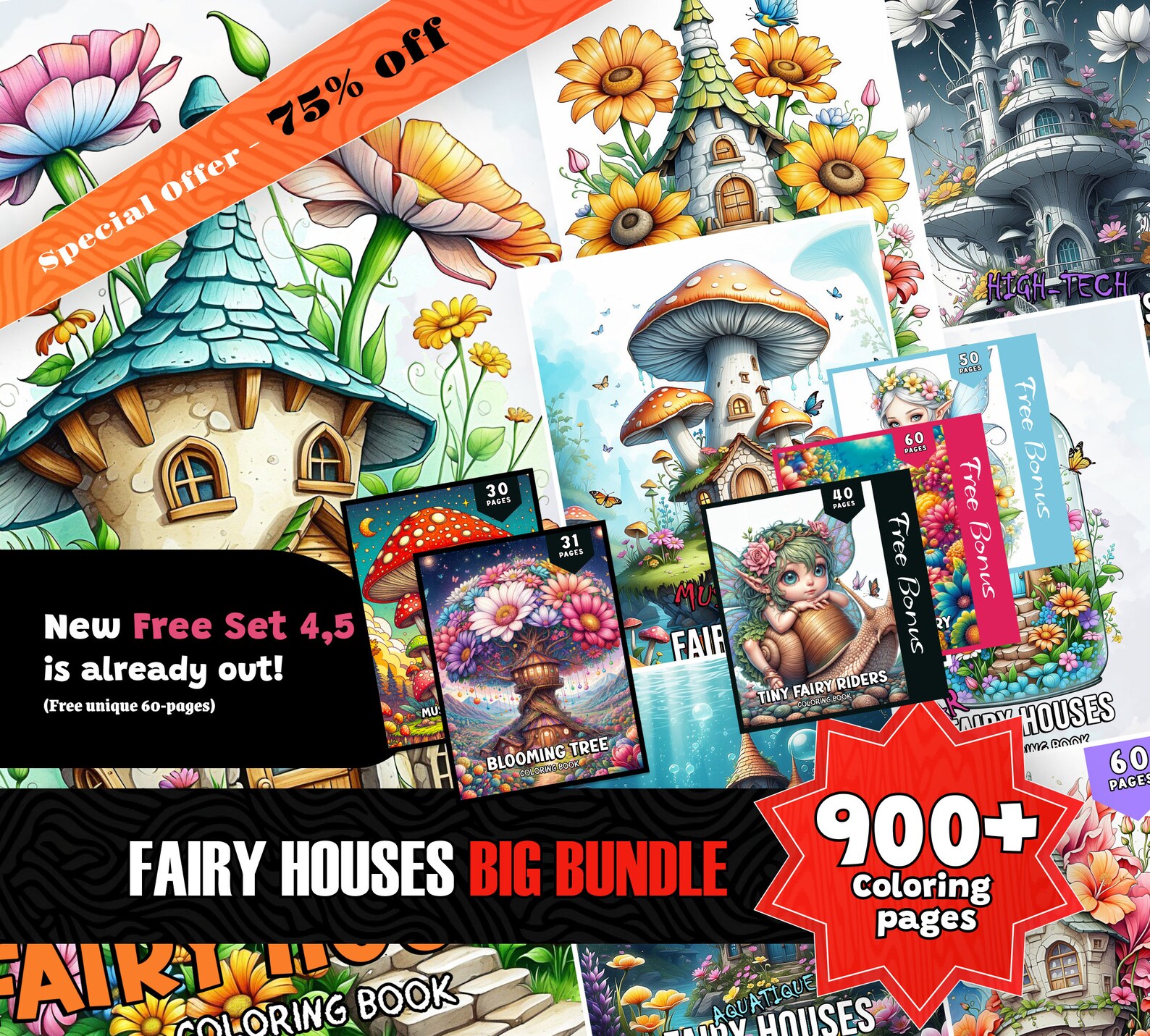 900 Fairy House Coloring Book, Coloring Bundle, Coloring Sheets ...