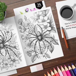 36 Floral Spiders Coloring Pages for Adults, Grayscale Coloring Pages ...