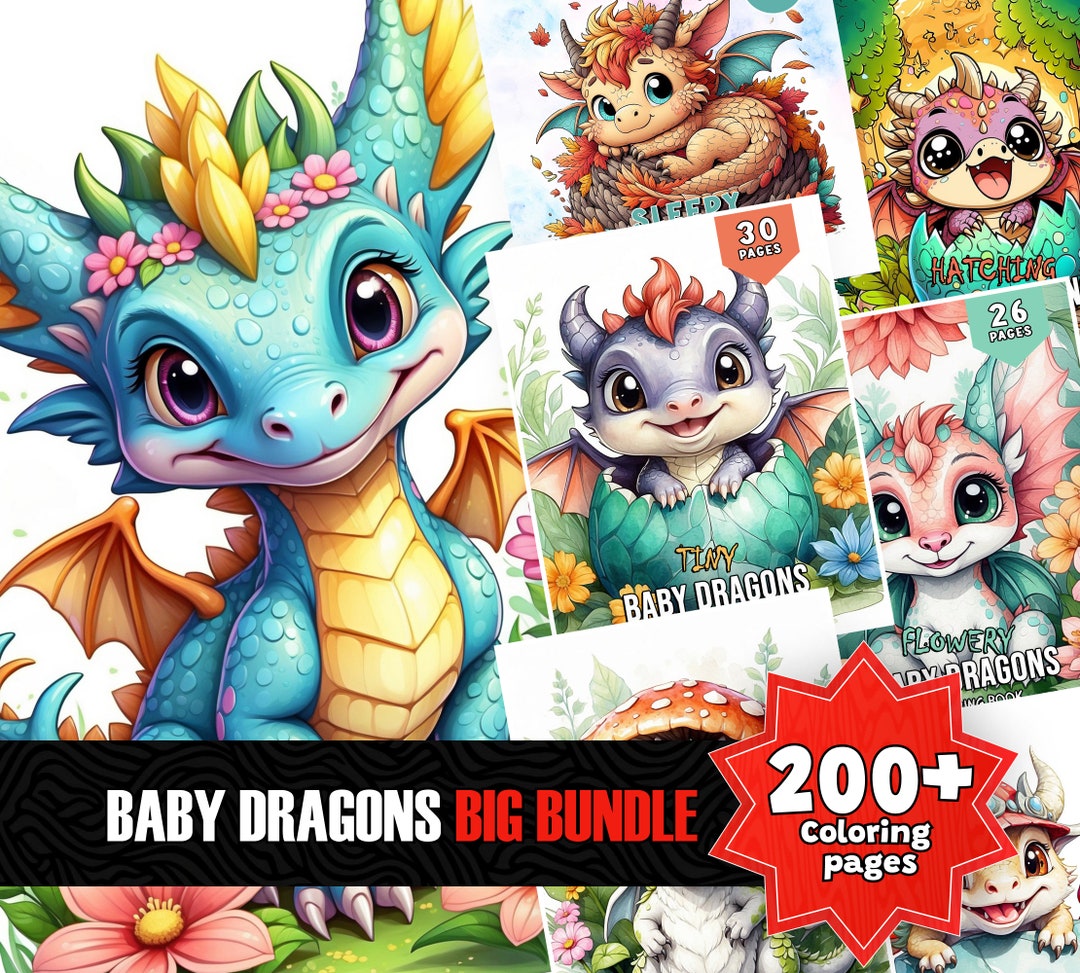 200 Baby Dragons Coloring Pages for Adults and Kids, Bundle Coloring ...