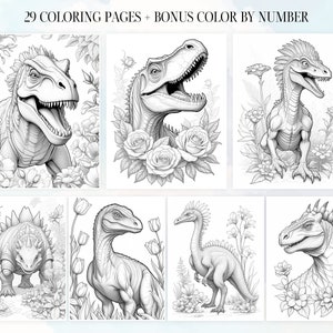 29 Floral Dinosaur Coloring Pages for Adults, Grayscale Coloring Pages ...