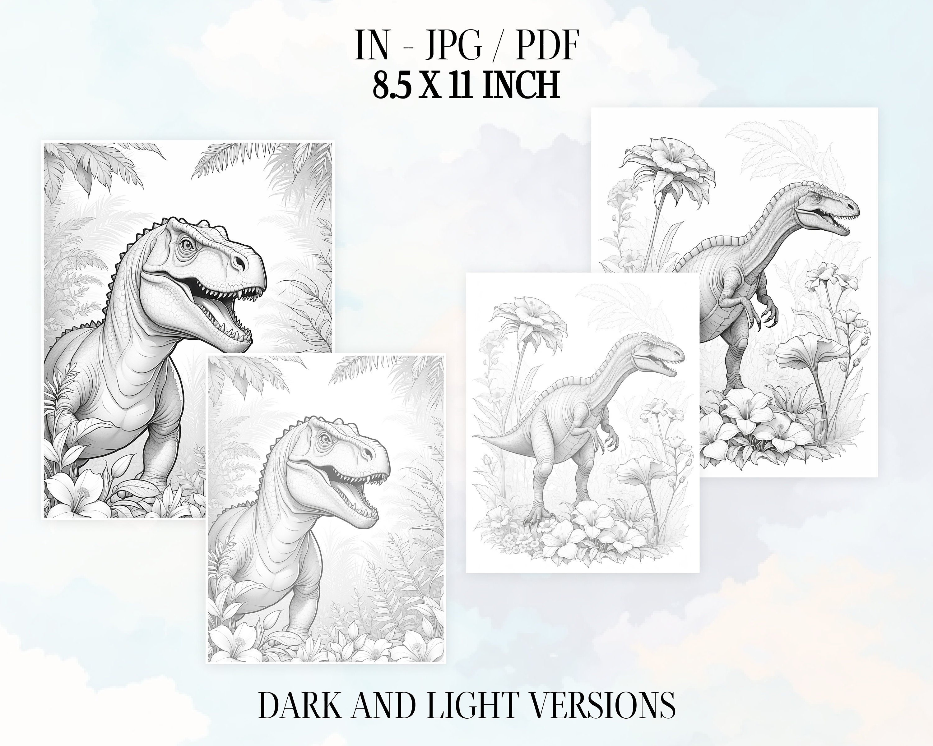 29 Floral Dinosaur Coloring Pages for Adults, Grayscale Coloring Pages ...