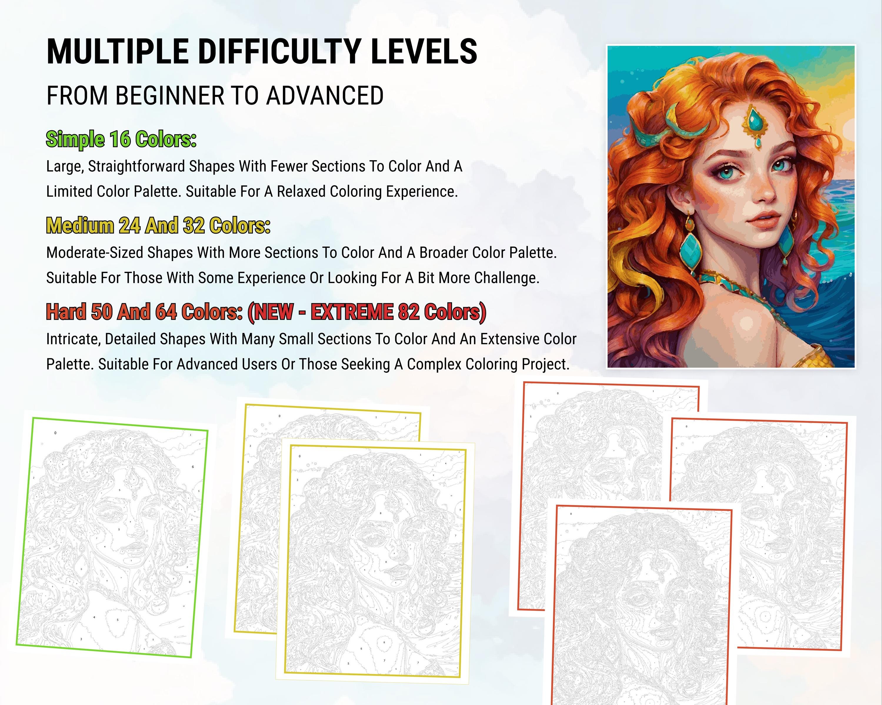 Mermaids Color by Number, Digital Coloring Page, Paint by Number ...